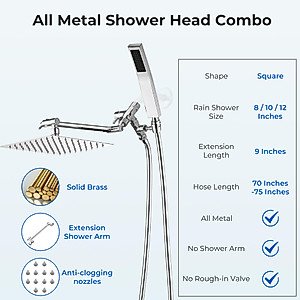 Cuzobro All Metal Dual Square Shower Head With Handheld Spray, 8'' Shower Head Combo Set With 3-Way Diverter, High Pressure Rainfall Shower Head With Extension Arm, 71’’ Extra Long Hose(Chrome)