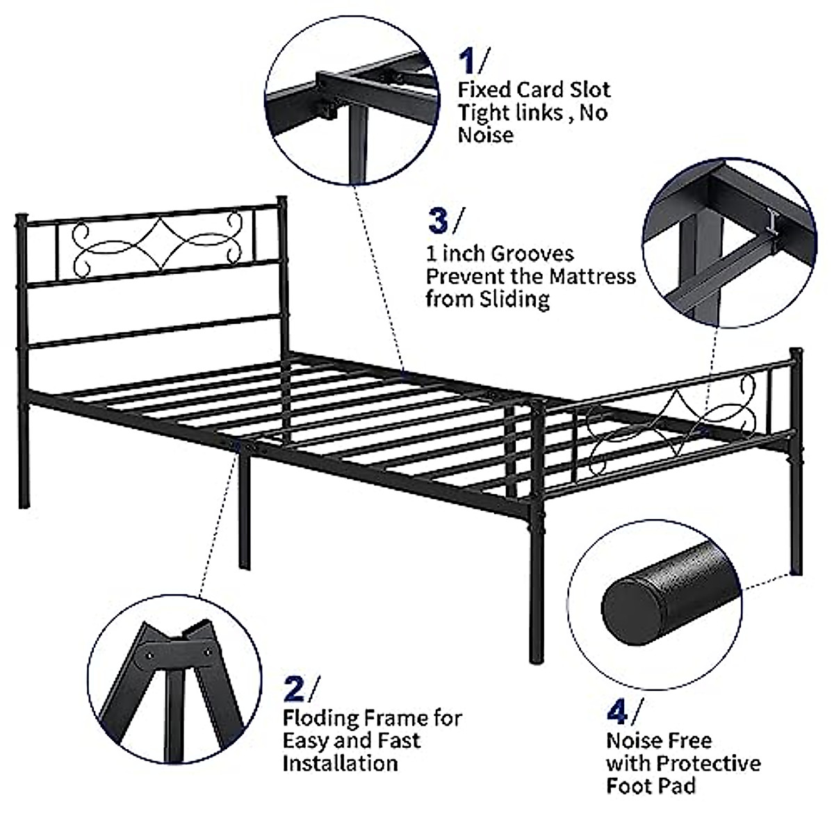 VECELO 14"Metal Platform Bed Frame with Headboard,Premium Steel Slat Support No Box Spring Needed,Noise-Free Anti-Slip,Easy Assembly(Twin size)