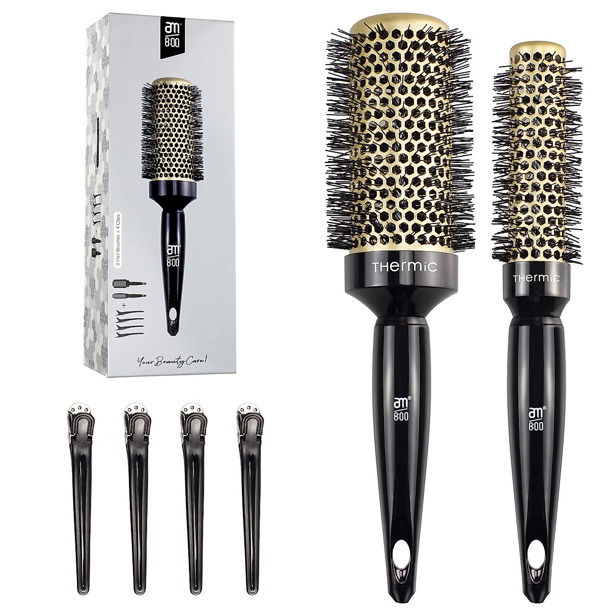 AM 8:00 Round Brush for Blow Out – Ceramic Ion Thermal Barrel & Antistatic Bristles, Salon Blowout Hair Styling for Wet or Dry Hair (Includes 4 Hair Clips)