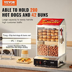 VEVOR Hot Dog Steamer, 39QT, 2-Tier Hot Dog Hut Steamer, 86℉~185℉ Temperature Control, Electric Bun Warmer with Tempered Glass Slide Doors Partition Plate Tong, Stainless Steel, for Hot Dogs & Buns
