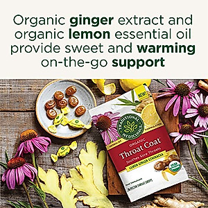 Traditional Medicinals Throat Coat Organic Pectin Throat Drops, Lemon Ginger Echinacea, Soothes Sore Throats, 16ct.