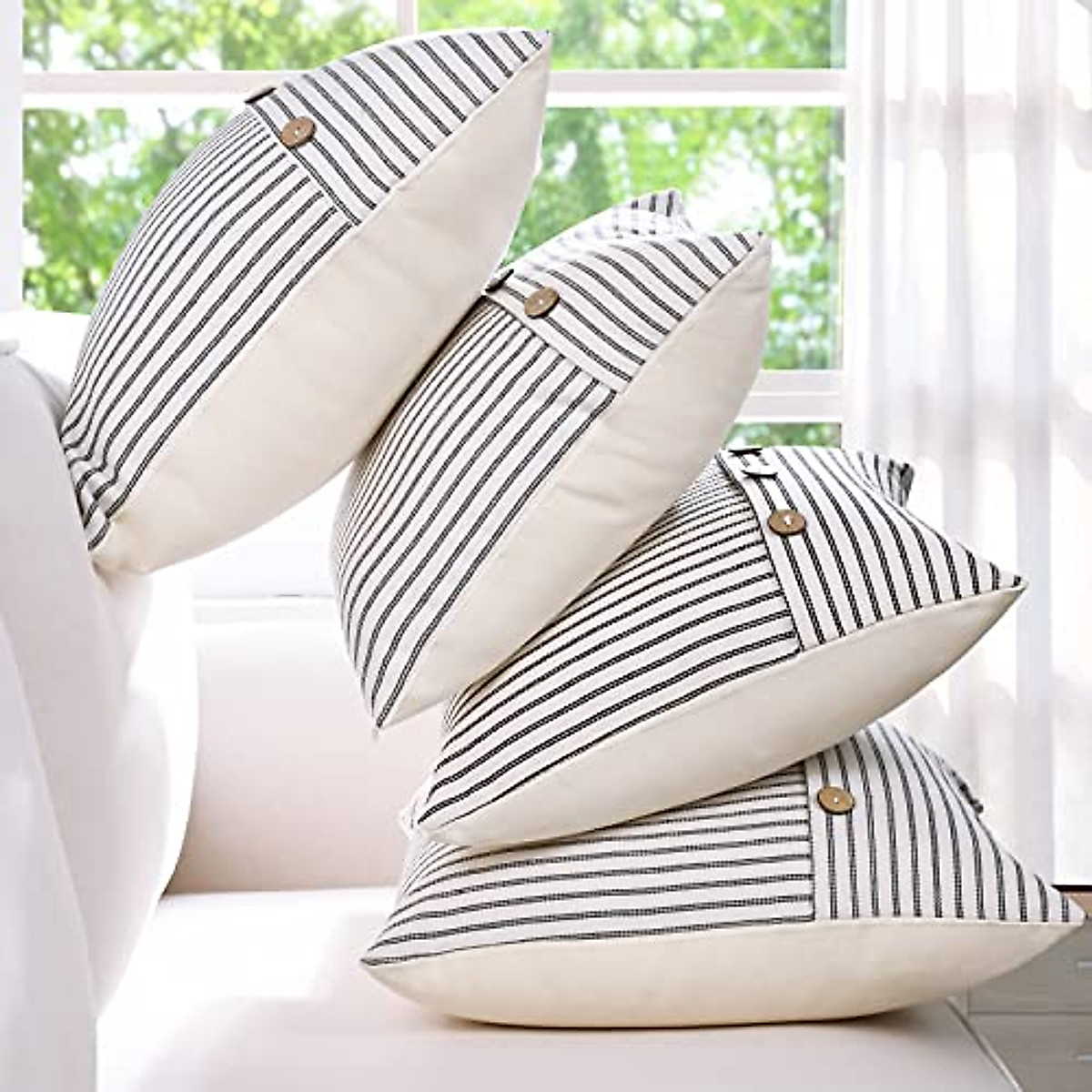 Farmhouse Button Pillow Covers 18 x 18, Black and Beige Striped Patchwork Pillow Covers, Set of 2 Modern Accent Square Couch Pillow Cases, Decorative Pillowcases with Buttons for Sofa Couch Bed