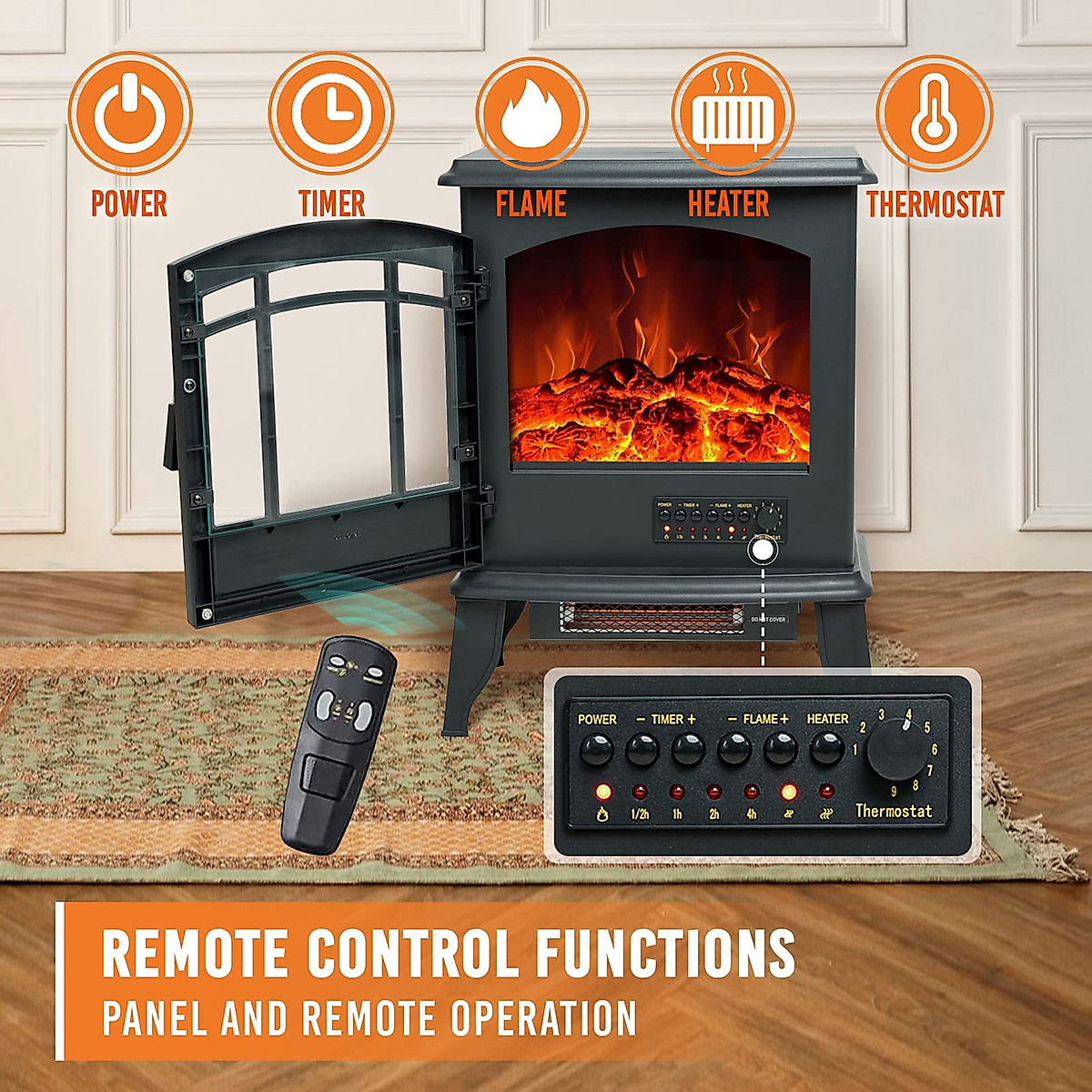 C-Hopetree 23 inch tall Portable Electric Wood Stove Fireplace with Flame Effect, Freestanding Indoor Space Heater with Remote