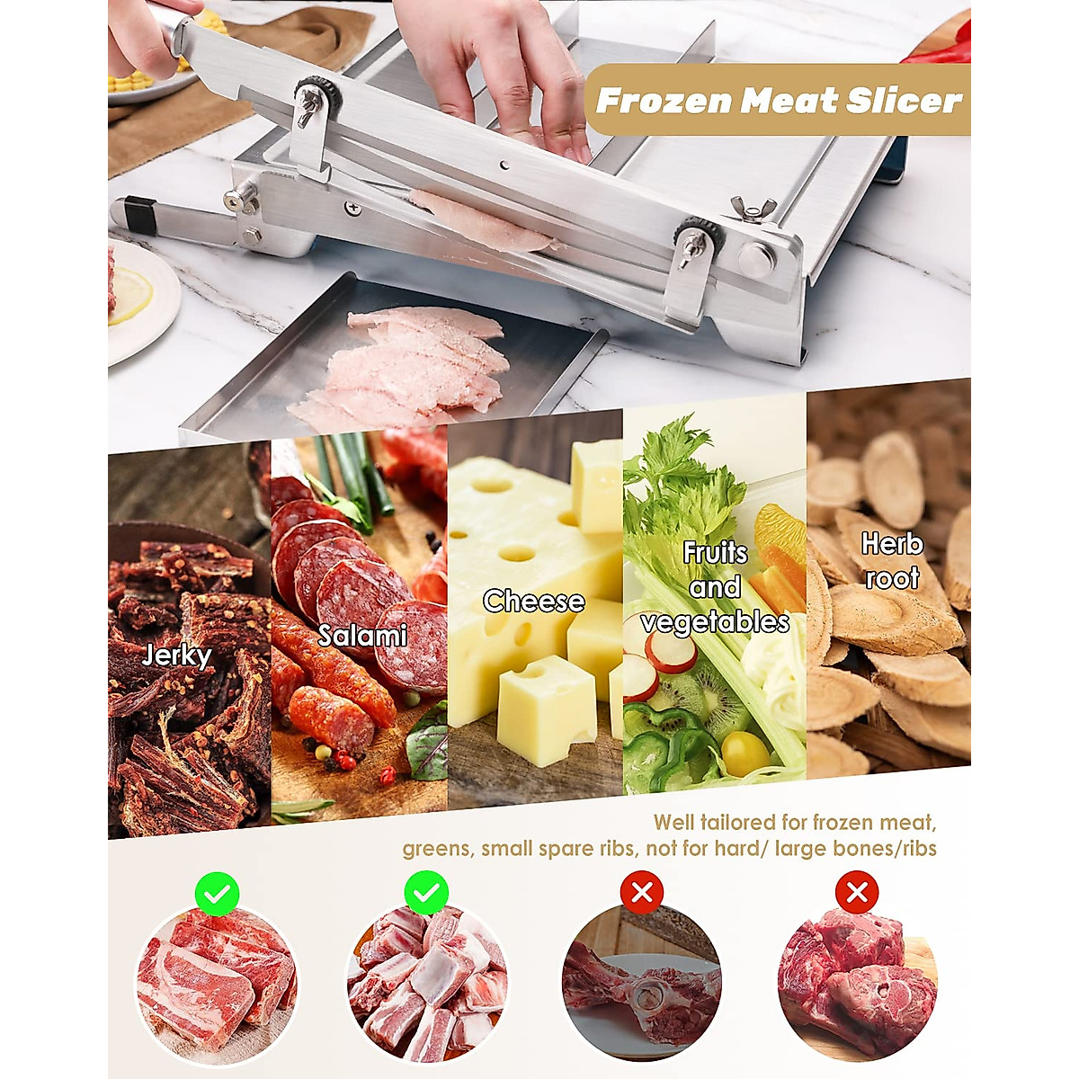 Moongiantgo Manual Frozen Meat Slicer Bone Short Rib Cutter Chicken Chopper Machine 13.5 Inch Double Blade Heavy Duty Guillotine Biltong Cutter for Korean BBQ Shabu Hot Pot (KD0288)