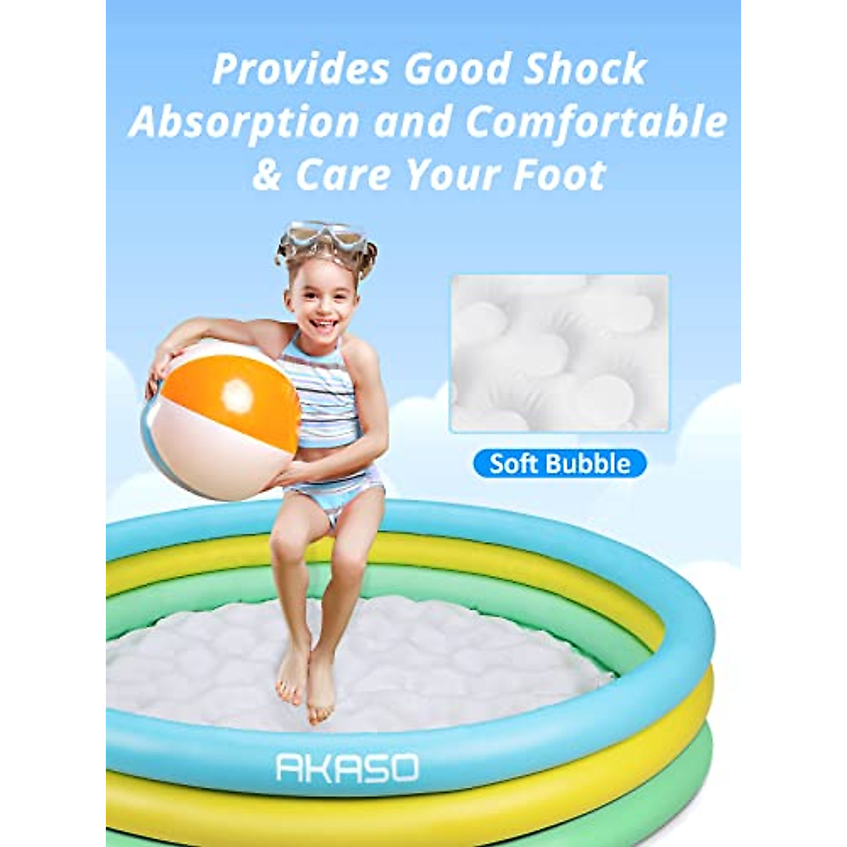 AKASO Inflatable Kiddie Pool for Toddlers Baby, 59'' x 13'' Portable Blow Up Swimming Pool, 3 Rings Child Paddling Pool for Outside, Garden, Backyard, Indoor Ball Pit/Fishing/Toys Summer Water Party