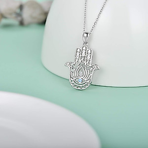 LONAGO Hamsa Necklace 925 Sterling Silver Evil Eye Hamsa Hand Pendant Necklace Good Luck Jewelry Gift for Women