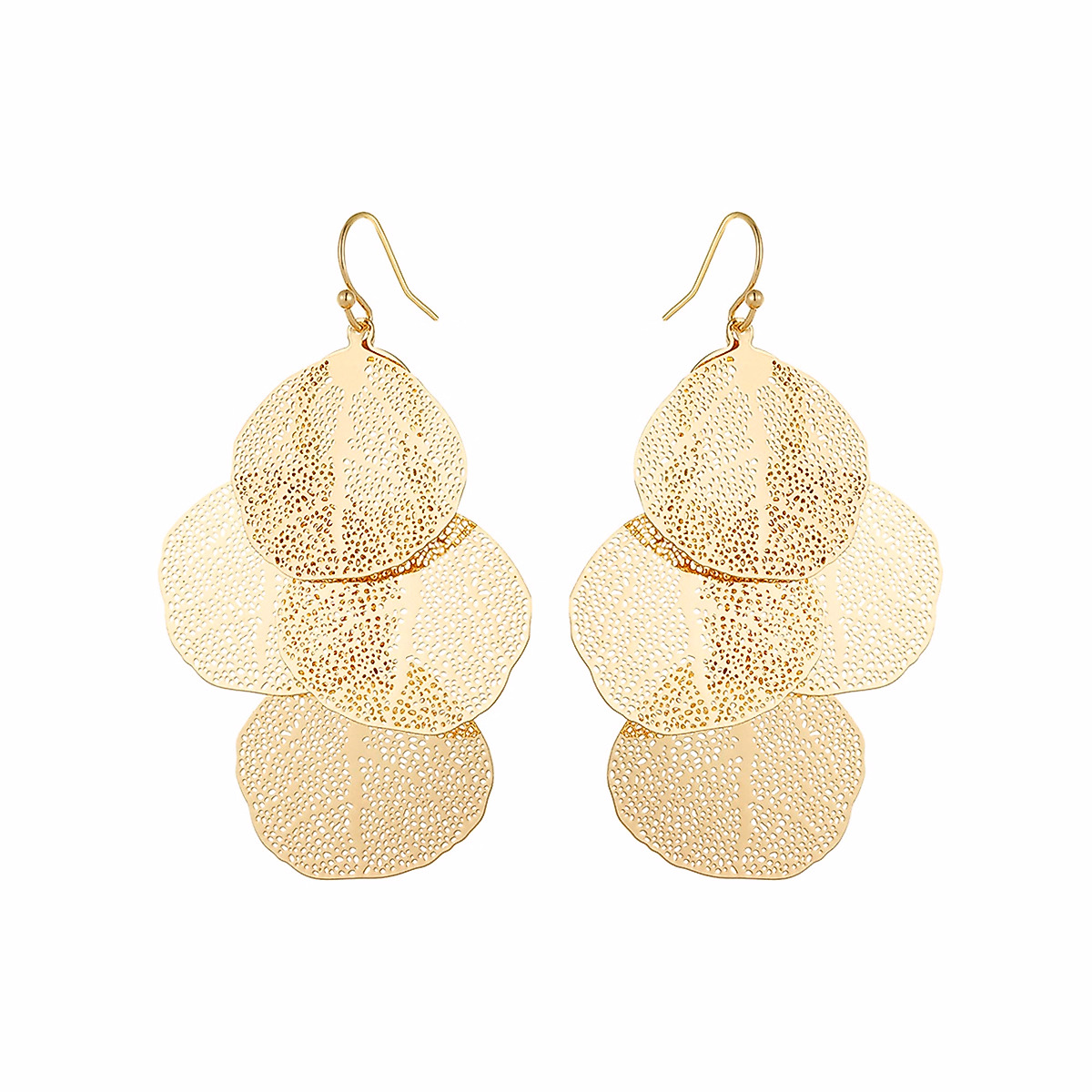 Bohemian Boho Filigree Leaf Chandelier Dangle Earrings for Women – Handcrafted Delicate – 14K Gold Plated – Lightweight (Gold - 3 Layered Circle Leaf Chandelier)