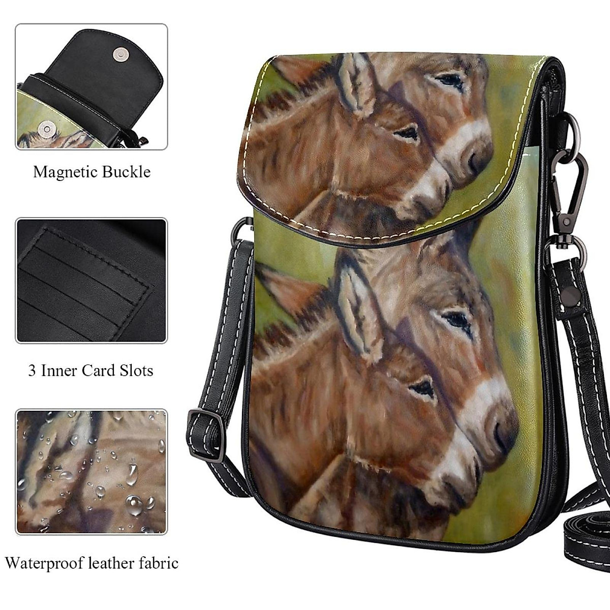 Unicey Donkey Hugs Painting Leather Phone Purse, Small Crossbody Bag Wallet Purses and Handbags for Women