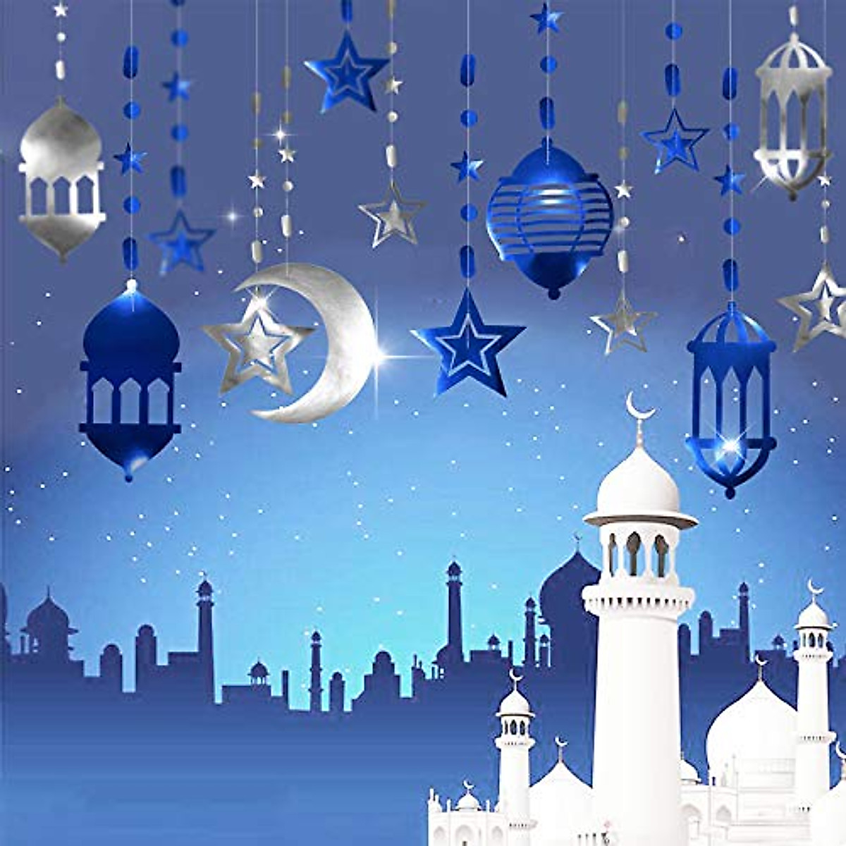 Islamic Silver Blue Star Crescent Moon Lantern Ramadan Garland EID Decoration Home Happy Ramadan Mubarak Party Decor Hanging Streamer Wedding Backdrop Banner Aladdin Birthday Party Supplies