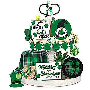 St. Patrick's Day Tiered Tray Decor Set Include Rustic Shamrock Gnome Truck Wood Sign Cutout Letter Sign for St. Patrick's Day Table Home Kitchen Bar Decoration (Green Style, 12 Pcs)