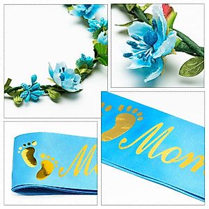 Blue and Gold Mom to Be Sash Kit Gender Reveals Party Floral Garland Crown with Daddy to Be Tinplate Badge Combo Decor Supplies Favors for Boys Baby Shower Party Photo Prop Gift