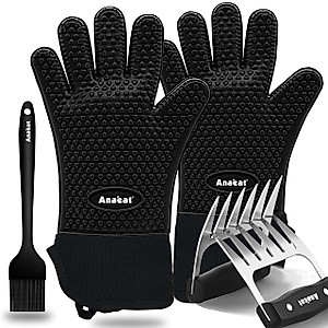 Anaeat Heat Resistant BBQ Grill Gloves, Meat Shredder Claws and Silicone Basting Brush BBQ Accessories Set - Waterproof Non-Slip Smoker Gloves for Indoor & Outdoor Grilling, Barbecue, Cooking (Black)