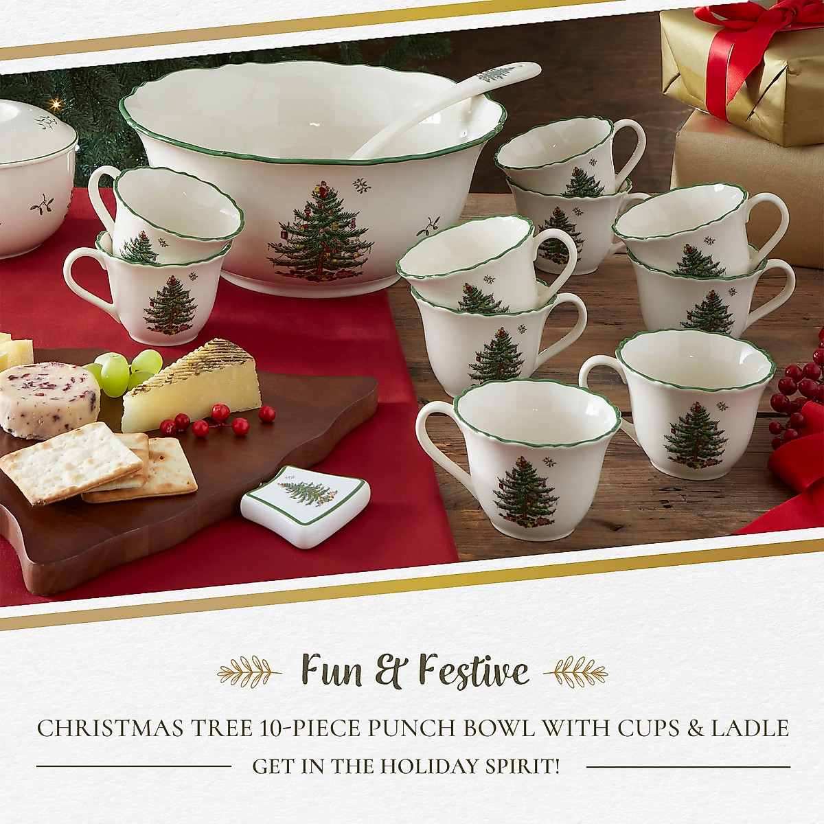Spode Christmas Tree 10 Piece Punch Bowl Set- Made of Fine Porcelain Includes - 1 Punch Bowl - 1 Ladle - 8 Punch Cups - Punch Bowl is 11 Inch - Punch Cups are 8 oz.