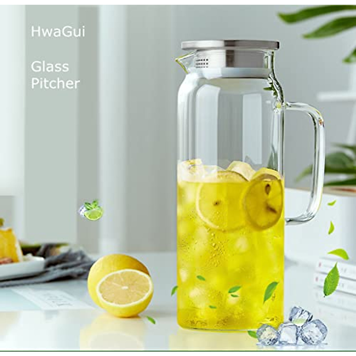 Glass Pitcher with Lid, 34 Oz Heat Resistant Glass Water Carafe with Handle for Fridge, Small Pitcher for Iced Tea, Milk, Hot and Cold Beverage, Glass Juice Jug 1000ML/34oz