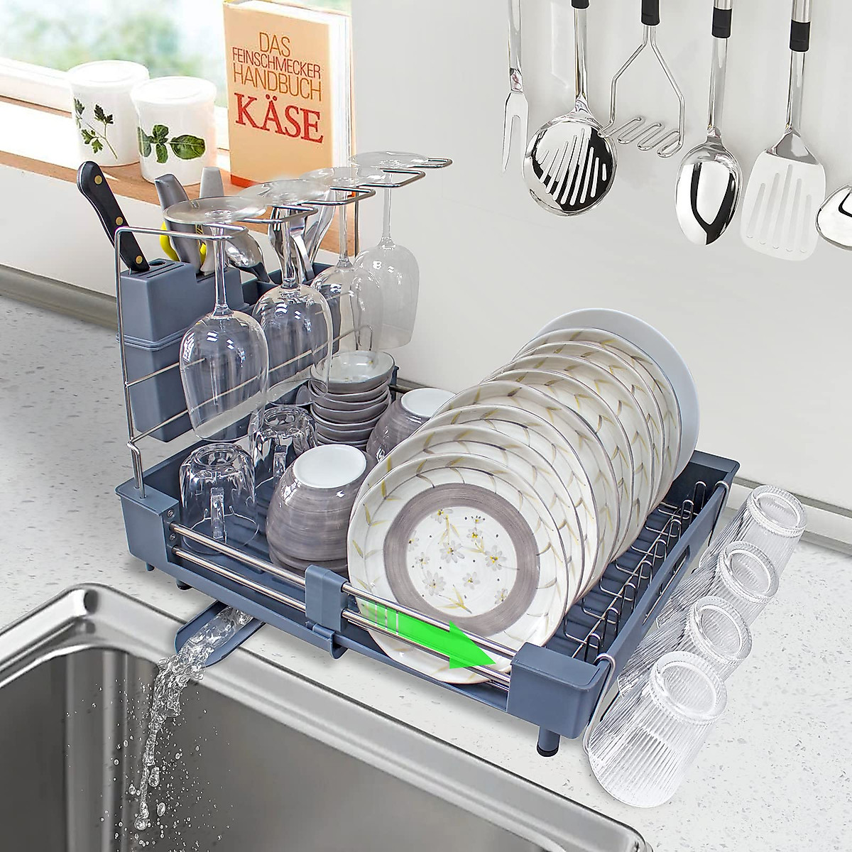 DOFIMATE Expandable Dish Drying Rack,Dish Racks with Drainboard,Multifunctional Stainless Steel Dish Rack for Kitchen Counter