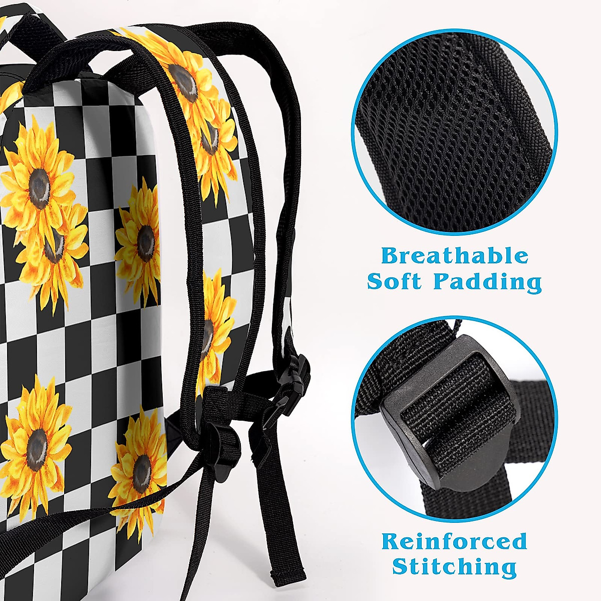Dacawin Sunflower Floral Backpack Flower School Backpacks Durable Casual Black And White Check Plaid School Bookbag Daypack for Women Girls Kids