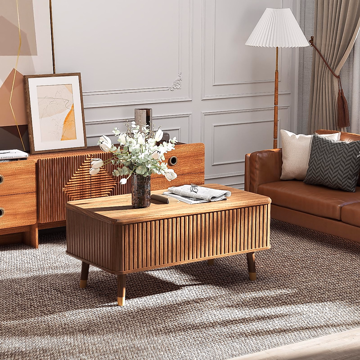 JOINICE,Lift Top Coffee Table with Storage,Mid Century Modern Coffee Table,Fluted Wood Coffee Table,Multi-Functional Center Table for Living Room,Convenient for Dining,Gaming,or Working,Walnut