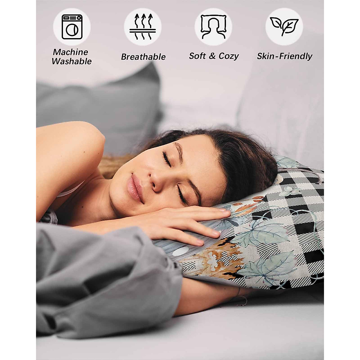 Thanksgiving Pillow Covers Standard Size Set of 2 Bed Pillow, Farmhouse Black Plaid Fall Pumpkin Maple Leaves Plush Soft Comfort for Hair/ Skin Cooling Pillowcases with Envelop Closure 20''x26''