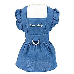 SMALLLEE_LUCKY_STORE Dog Denim Harness Dress, Ruffles Puppy Princess Dress for Small Medium Dog Cat Girls Adjustable Pet Jean Skirt with D-Ring Female Dog Clothes Summer Apparel,Dark Blue,XS