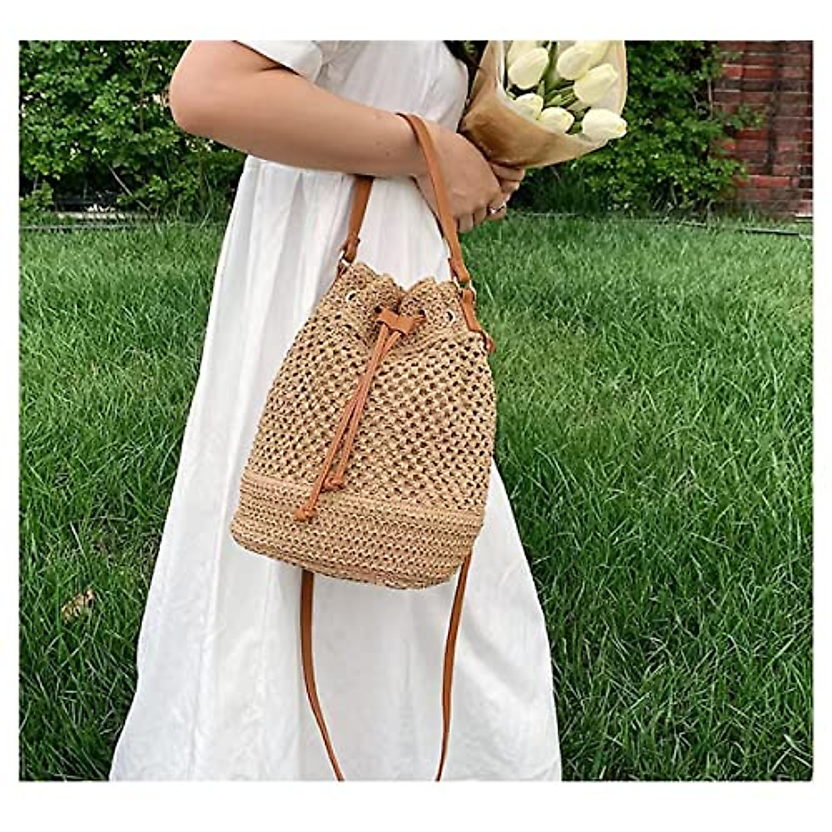 WIGUYUN Women Straw Drawstring Bucket Purse Small Tote Shoulder Handbag Hollow Out Cross-body Bag for Summer,Beach Light Brown