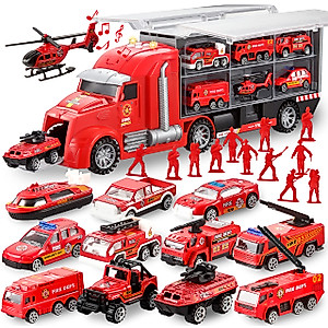 JOYIN 25 in 1 Fire Truck Vehicle Toy Set with Sounds and Lights, Fire Engine Vehicles in Carrier Truck, Mini Rescue Emergency Fire Truck Car Toy, Birthday Gifts for Over 3 Years Old Boys