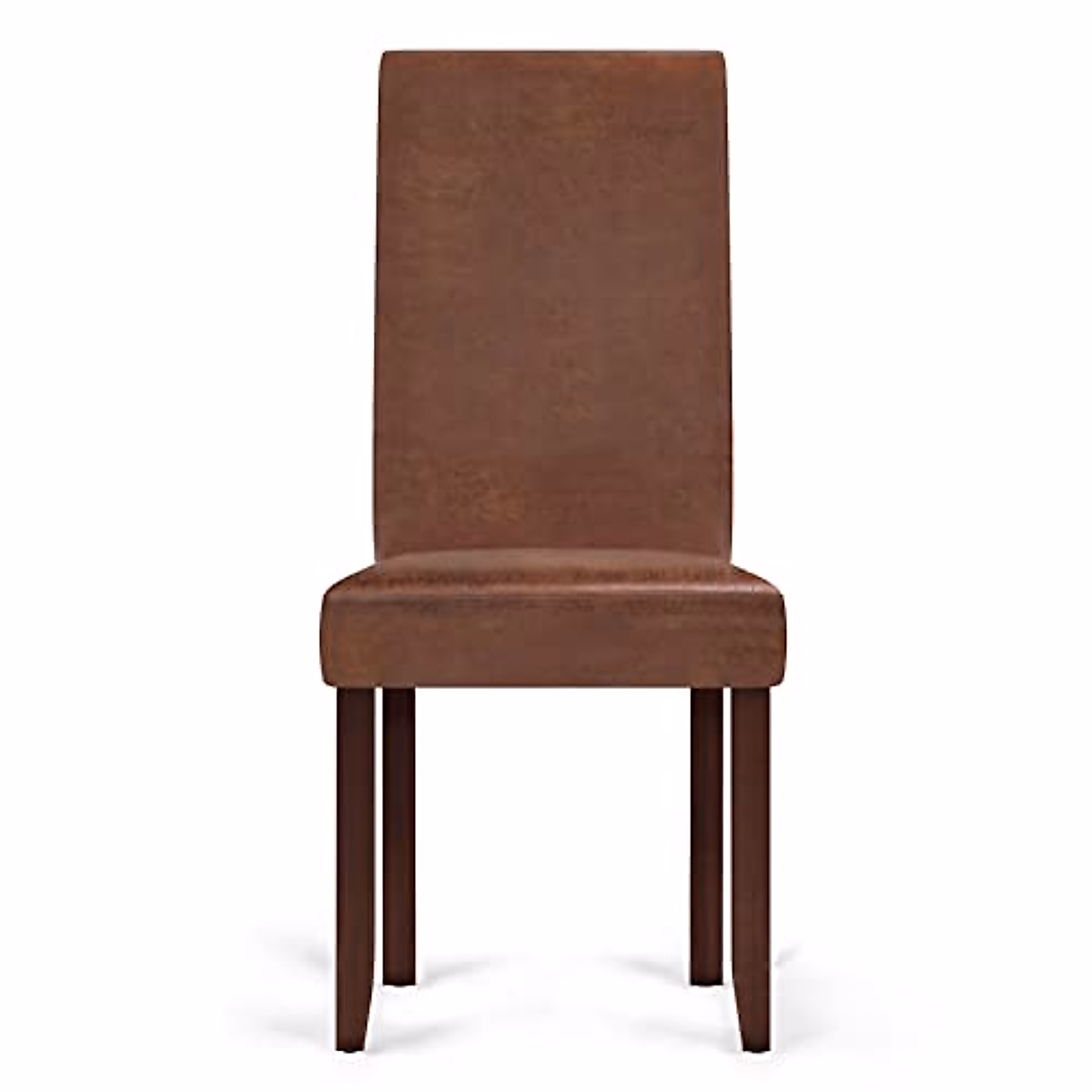 SIMPLIHOME Acadian Parson Dining Chair (Set of 2), Distressed Saddle Brown Faux Leather and SOLID WOOD, Square, Upholstered, For the Dining Room, Transitional Modern