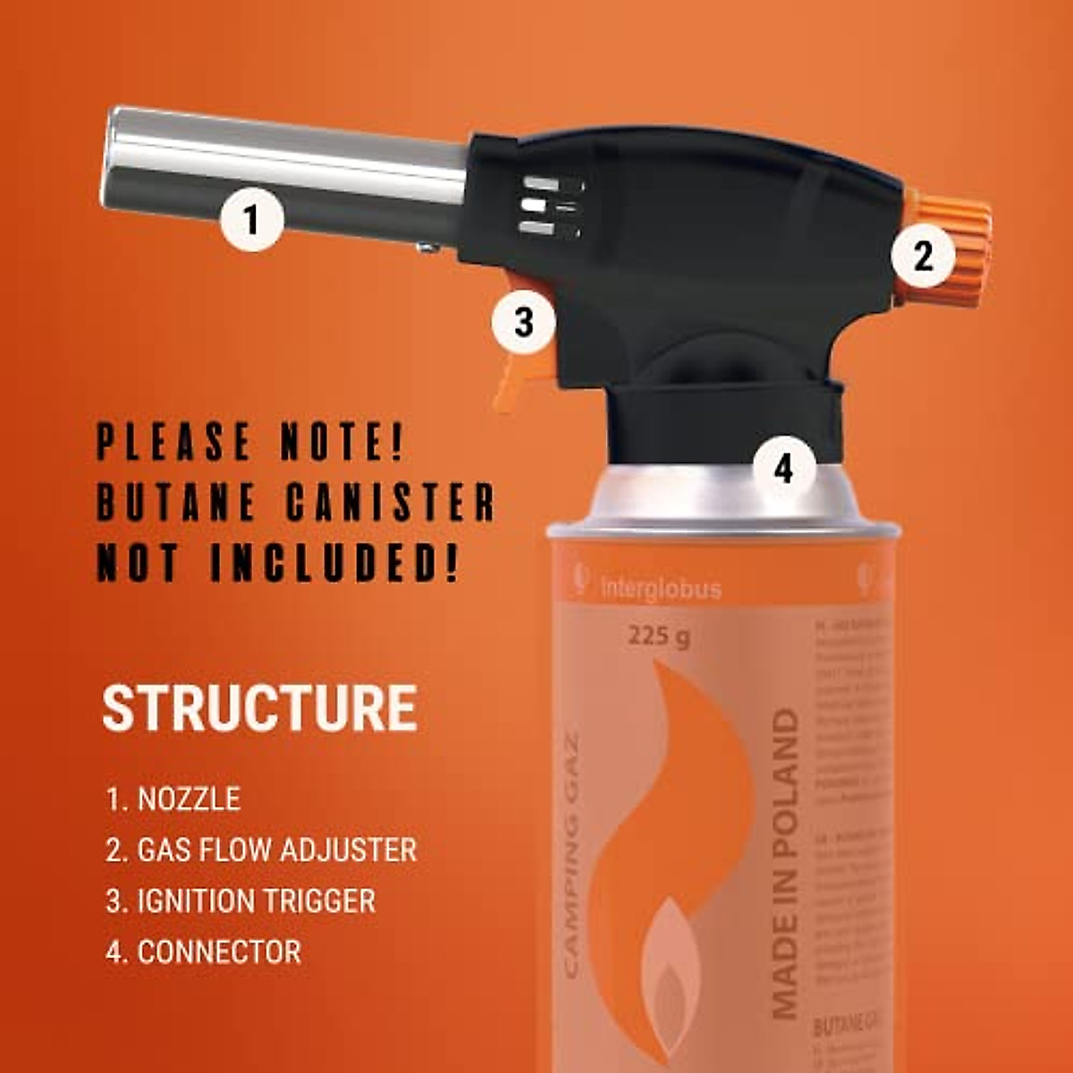 GLOBUS Butane Torch Head Adjustable Flame - Refillable Kitchen Cooking Torch with Safety Lock - Torch for Baking, Creme Brulee, Sous Vide, BBQ, Jewelry, Crafts, Soldering