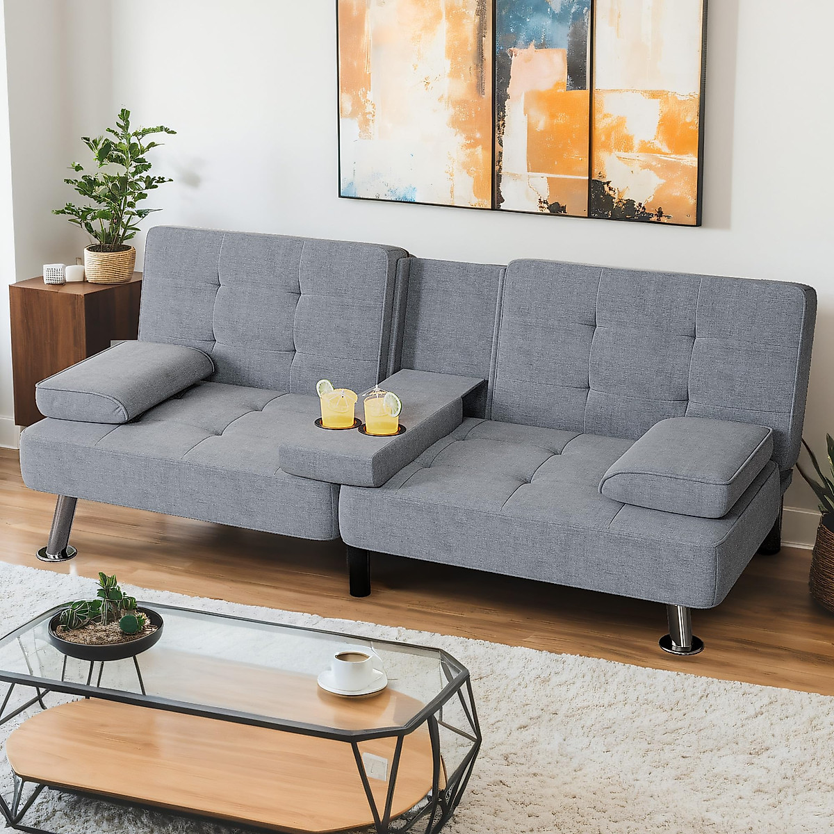 Shahoo Modern Linen Upholstered Convertible Folding Futon Sofa Bed with Removable Armrests, Metal Legs, 2 Cup Holders for Living Room, Dark Grey