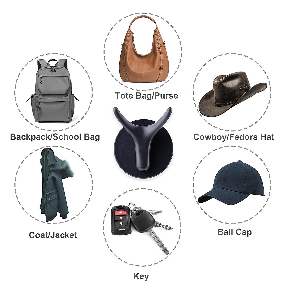 LEVOSHUA Magnetic Coat Hook Heavy Duty, Double Magnet Hook for Hanging Coat Towel Hat Key Purse Backpack, Black Pack of 4