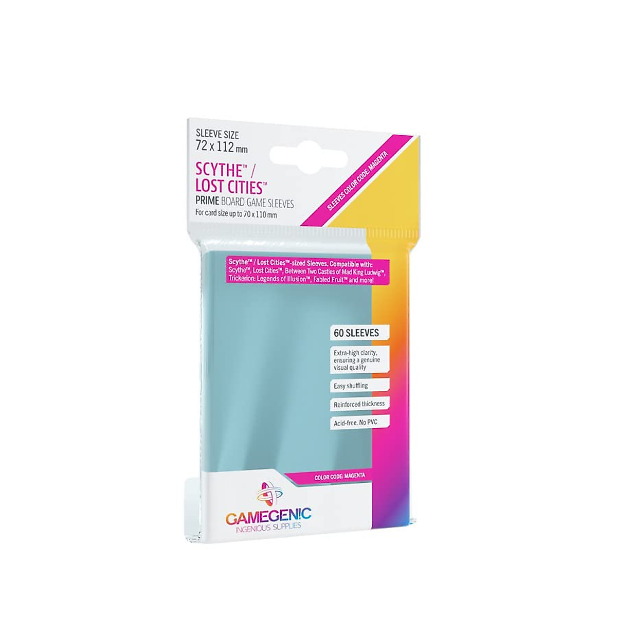 Prime Board Game Sleeves | Pack of 60 Extra-Clear Sleeves | 72 by 112 mm Card Sleeves Optimized for Scythe and Lost Cities | Premium Card Protection | FFG Magenta Color Code | Made by Gamegenic