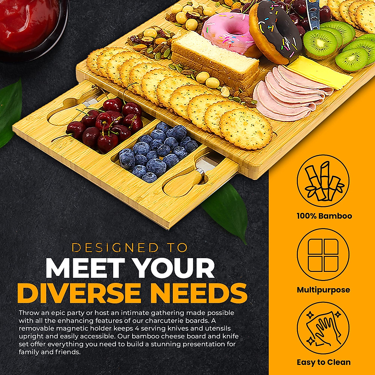 Brookline Bamboo Cheese Board and Knife Set - Charcuterie Boards Set & Cheese Platter Serving - House Warming Gifts, New Home, Anniversary & Wedding Gifts for Couple, Bridal Shower Gift for Women