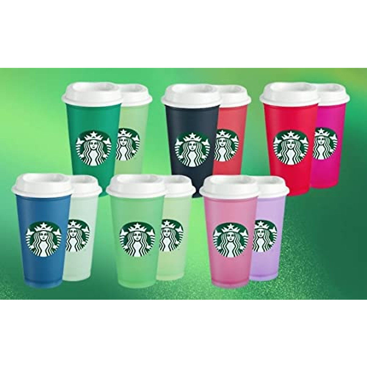 Starbucks Holiday 2021 Limited Color Changing Reusable Hot Cups with Lids - Set of 6