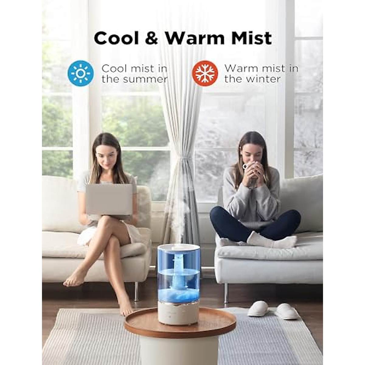 Pelonis Warm and Cool Mist Humidifiers for Bedroom Large Room Home and Baby | Ultrasonic Cool and Warm Mist Humidifier for Plants | Essential Oil Diffuser|4L Tank| Night Light| White
