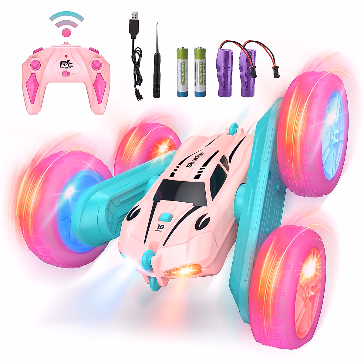 Remote Control Car, Hand Remote RC Cars, 90 Min Playtime, 2.4Ghz Double Sided 360° Rotating RC Crawler with Lights, 4WD Off Road Drift RC Stunt Race Car Gift Toy for Boys and Girls Aged 6-12 Pink