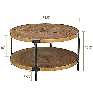 Awescuti Round Boho Wood Coffee Table - 31.5" Farmhouse Natural Circle Wooden 2-Tier Coffee Tables Living Room Furniture, Natural Wood Color, 31.5" D x 18.3" H