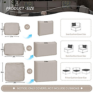 YQNUCO Patio Cushion Covers Replacement, Outdoor Cushion Covers for Patio Furniture Waterproof with Zipper, Washable Wicker Rattan Sectional Sofa Couch Chair Cover Set with Ties (Khaki, 14 PCS)