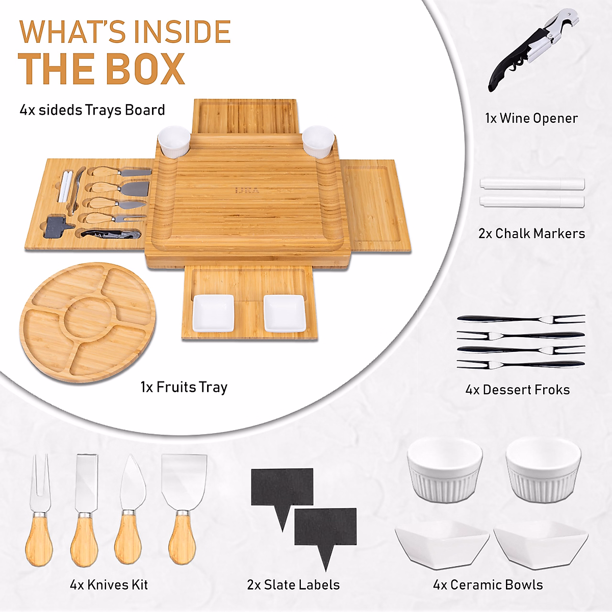 IJRA Premium Bamboo Charcuterie Board Set: 100 Percent Natural Serving Platter with Stainless Steel Cutlery, Ideal for Entertaining, Parties, and Gifts