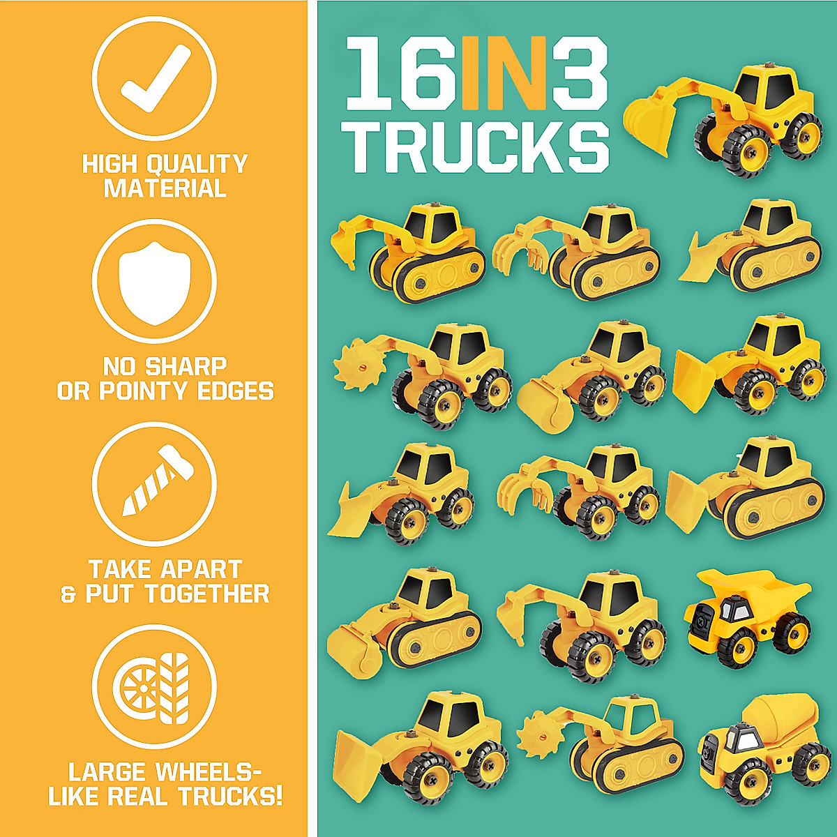 ToyVelt 16 in 3 Construction Take Apart Toys Trucks for 4 Year Old Boys STEM Tractor Toys for 3 Year Old Boys, Best Birthday for Boys & Girls Ages 3-12 Years Old - Updated 2021