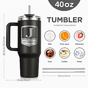 Leebbsin Gifts for Men, Initial 40oz Tumbler with handle and straw, Personalized Birthday Gifts for Men, Him, Dad, Grandpa, Husband, Monogrammed The Man The Myth The Legend Cup for Coffee, Tea (J)
