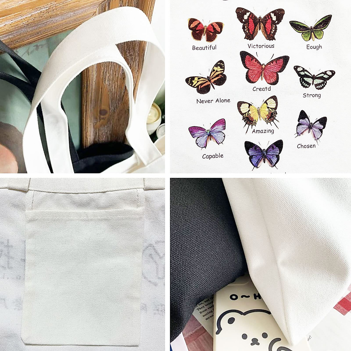 Yiminu.DS Butterfly Canvas Tote Bag for Women Small Tote Bag Aesthetic with Pockets，Cute Cloth Tote Bags Grocery Bag Cute Totebag，Cotton School Tote Bag for Summer Shopping