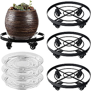 3 Packs Large Metal Plant Caddy 12.6” Plant Dolly with Wheels Heavy-Duty Wrought Iron Rolling Plant Stand with Casters for Indoor and Outdoor Plant Pot Rollers Black, 12" Clear Plant Saucers Included