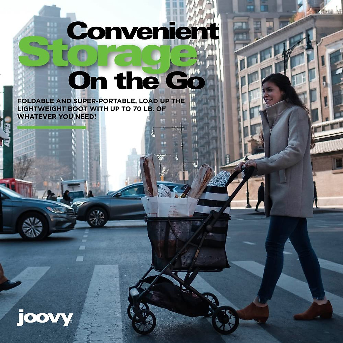 Joovy Boot Shopping Cart Featuring 70 lbs Total Weight Capacity, Stylish Removable Tote, Swivel Tires for Easy Steering, One-Handed Compact Fold, and One-Step Parking Brake (Black Frame)