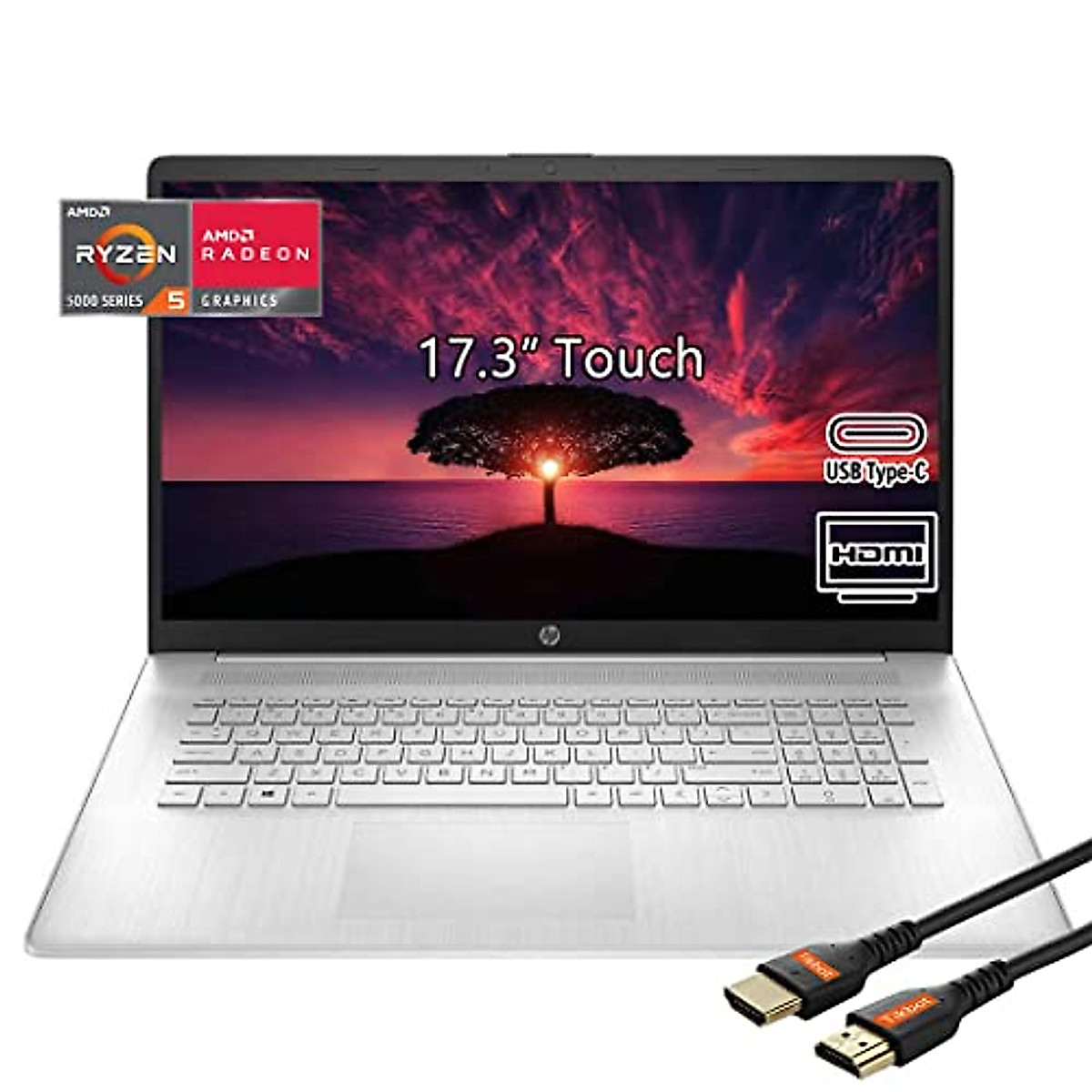 HP Laptop Touchscreen Windows 11, 17.3 inch Display, AMD Ryzen 5 5500U 4GHz, USB Type-C, HDMI, Numeric Keypad, Webcam for Zoom Meeting, Lightweight, Thin, w/HDMI Cable (12GB RAM | 1TB HDD)