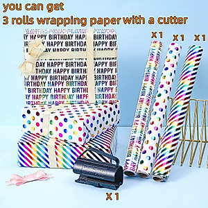 THMORT Colorful Foil Birthday Wrapping Paper Kit With Cutter for Kids & Adults, 17 x 120 Inch Mini Rolls With Rainbow Lettering