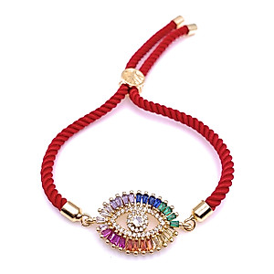 LESLIE BOULES Colored Crystal Evil Eye Bracelet Red Satin Cotton Cord Jewelry for Women