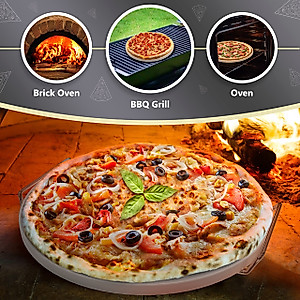 La & Li Pizza Stone for Grill and Oven - 13" Ceramic Round Oven Pizza Stone Set with Multipurpose Rack with Handles, 6 Plates, & Apron - Pizza Stone for Oven for Baking, Pizza, Bread, Cookies, & More