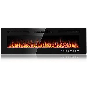 MEPTY 60" Electric Fireplace, Recessed and Wall Mounted Fireplace Insert, Fireplace Heater and Linear Fireplace with Remote Control, Timer, Adjustable Flame Color & Speed, Log Set & Crystal, Black