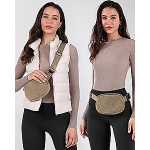 ODODOS Fleece Mini Belt Bag with Adjustable Strap, Sherpa Small Waist Pouch Fanny Pack for Workout Running Traveling Hiking, Taupe