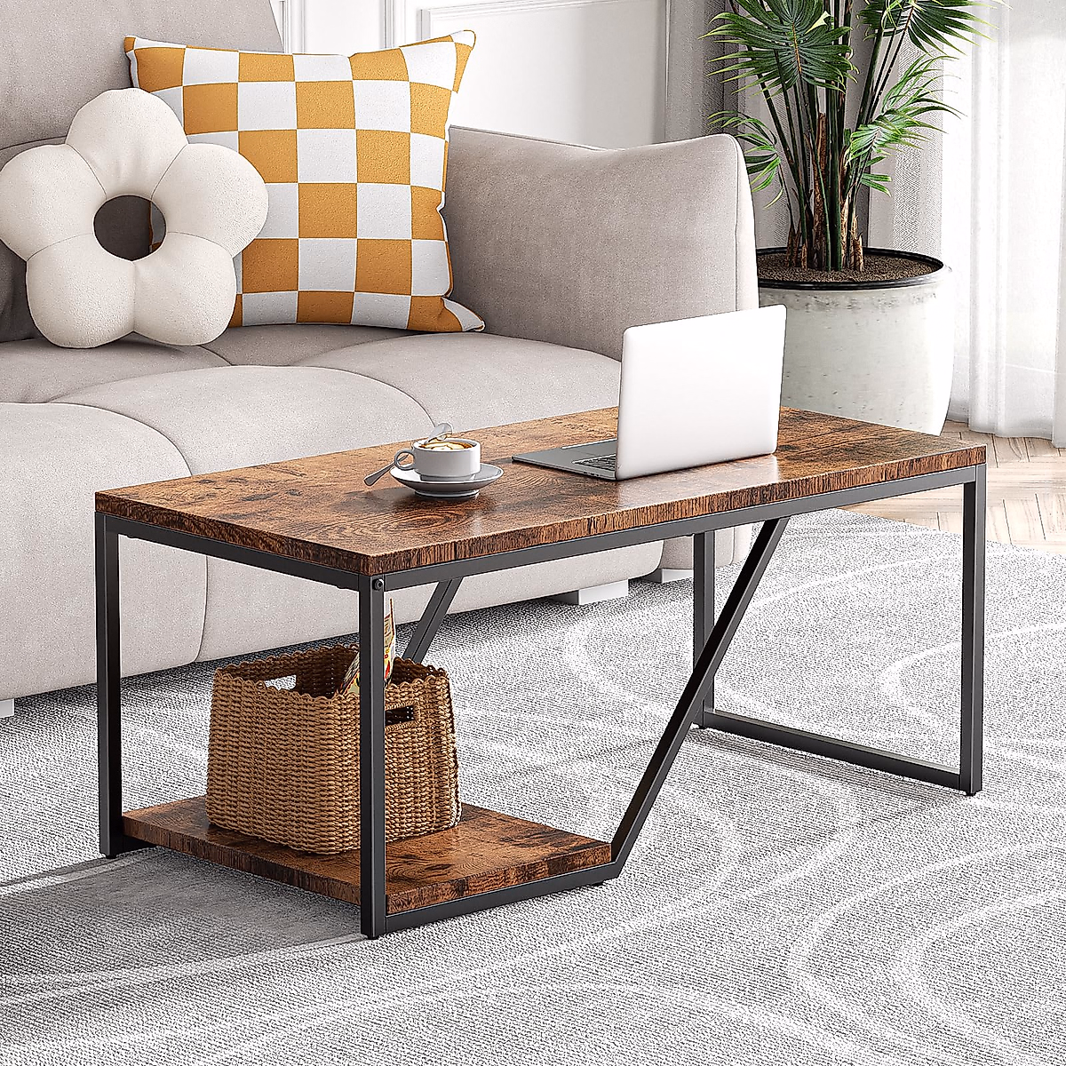 2-Tier Industrial Rectangle Rustic Coffee Table for Living Room Small Spaces, Living Room Center Table with Storage Shelf and Stable Metal Simple Modern Open Design, Easy Assembly, Adjustable Feet