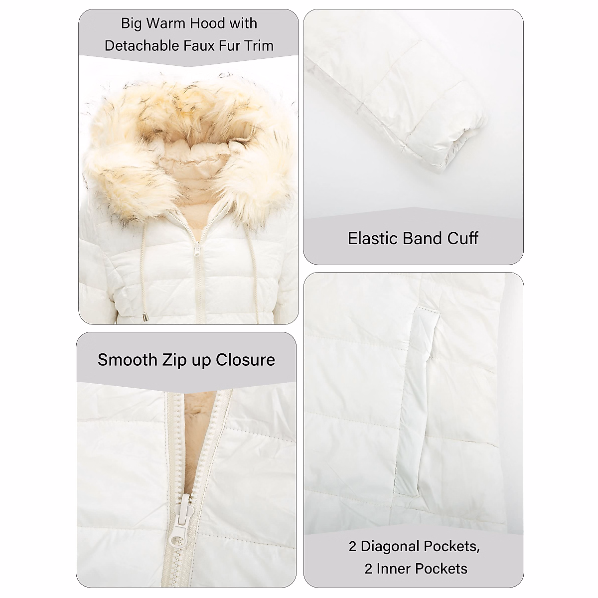 Bellivera Women Double Sided Faux Fur Jacket Reversible Winter with Fur Collar Hood Puffer Coat Worn on Both Sides 19225 White L
